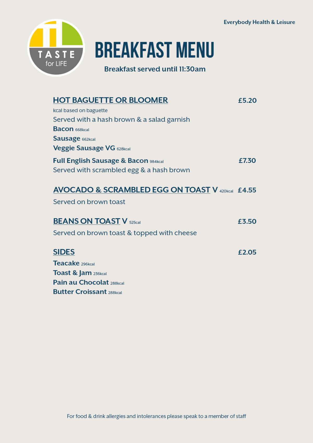 Congleton Menu • Taste for Life café • Everybody Health & Leisure